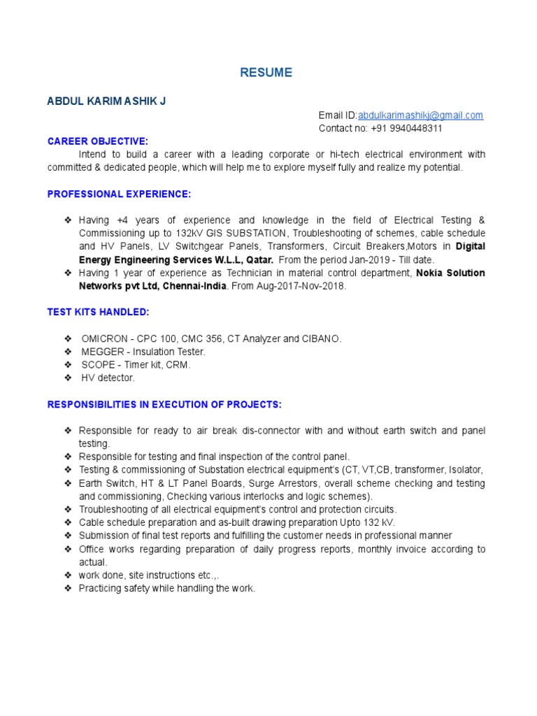 Ashick Resume | PDF | Electrical Engineering | Electricity