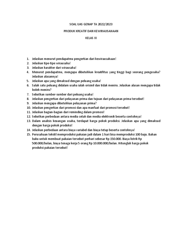Soal Uas Genap 2023 PKK - Fitri Annisa Harahap | PDF | Karier & Perkembangan | Seni