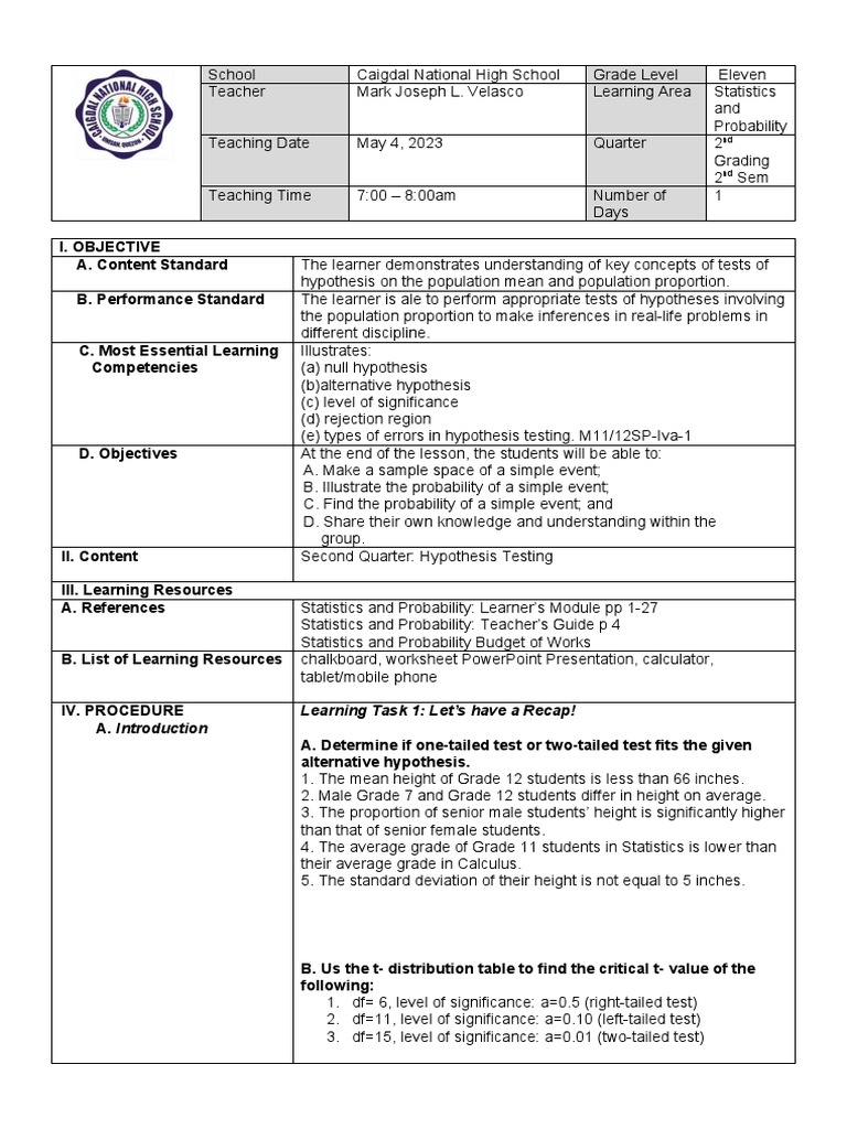 Lesson Plan Stat Ang Proba | PDF | P Value | Statistical Hypothesis Testing