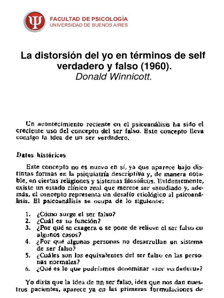 Winnicott - La Distorsion Del Yo en Terminos de Self Verdadero y Falso ...