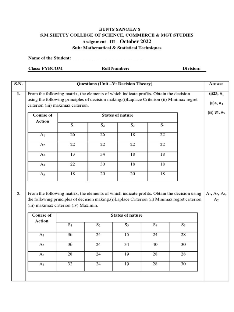 Fybcom Sem-I Assignment - Unit - V | PDF | Decision Making | Applied Mathematics