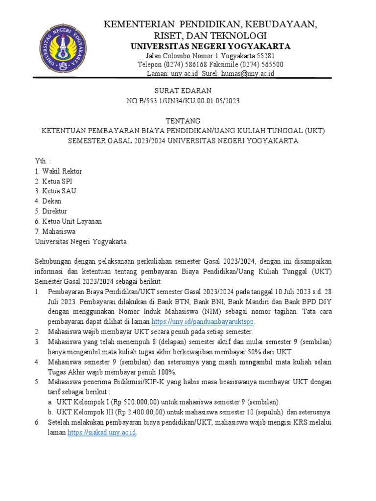 Ketentuan Pembayaran UKT UNY 2023/2024 | PDF