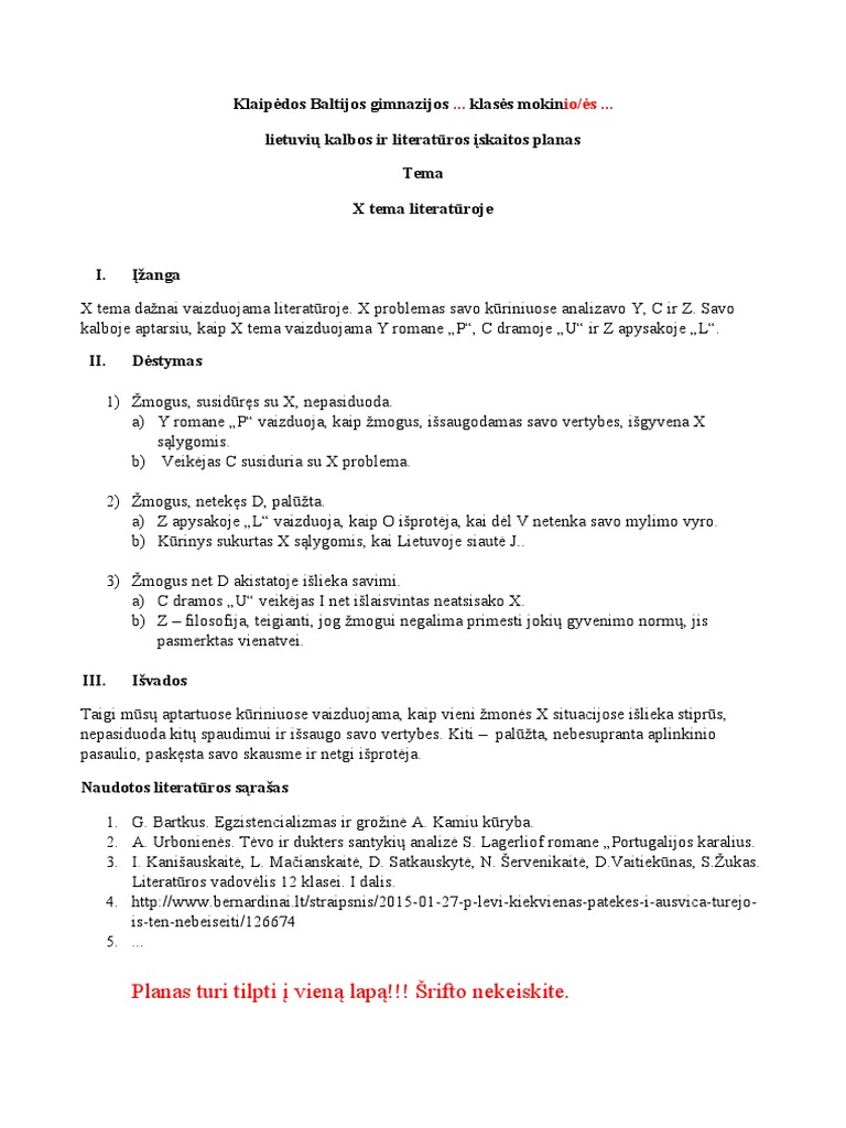 Kalbejimo Plano Pavyzdys - 12 Kl. | PDF