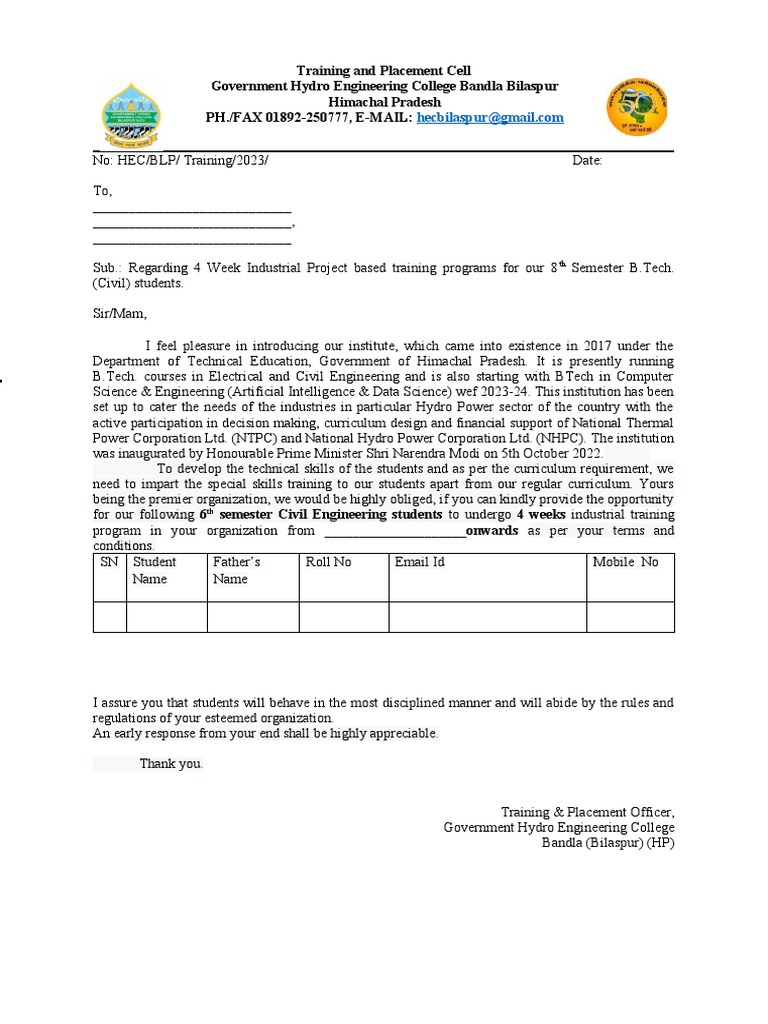 Industrial Training Request for B.Tech Students | PDF