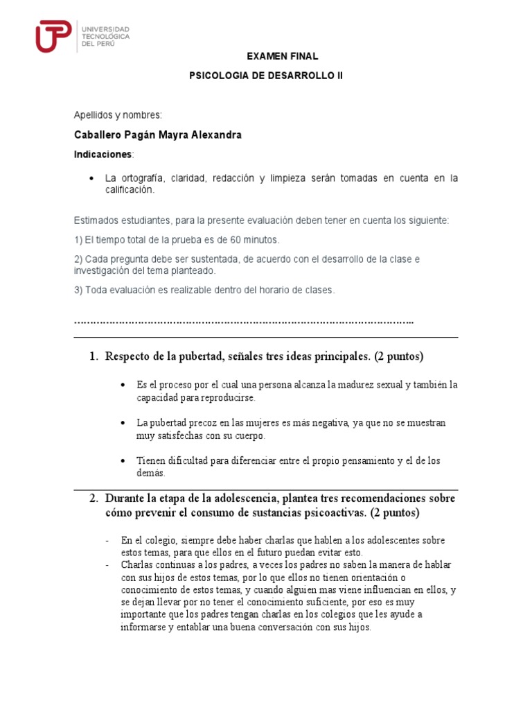 EXAMEN FINAL_PSICOLOGIA DEL DESARROLLO II_A (2) | PDF | Adultos | Ciencias del comportamiento