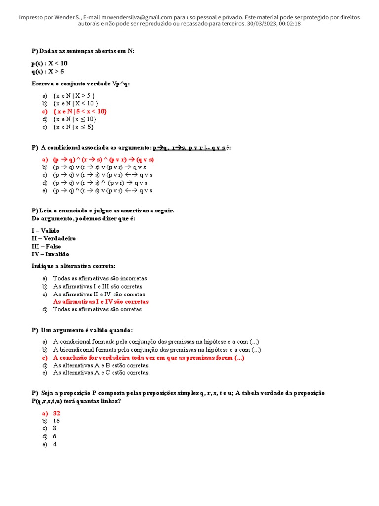 Compilado de Provas de Lógica - UNIP EAD - Passei Direto | PDF | Argumento | Lógica matemática