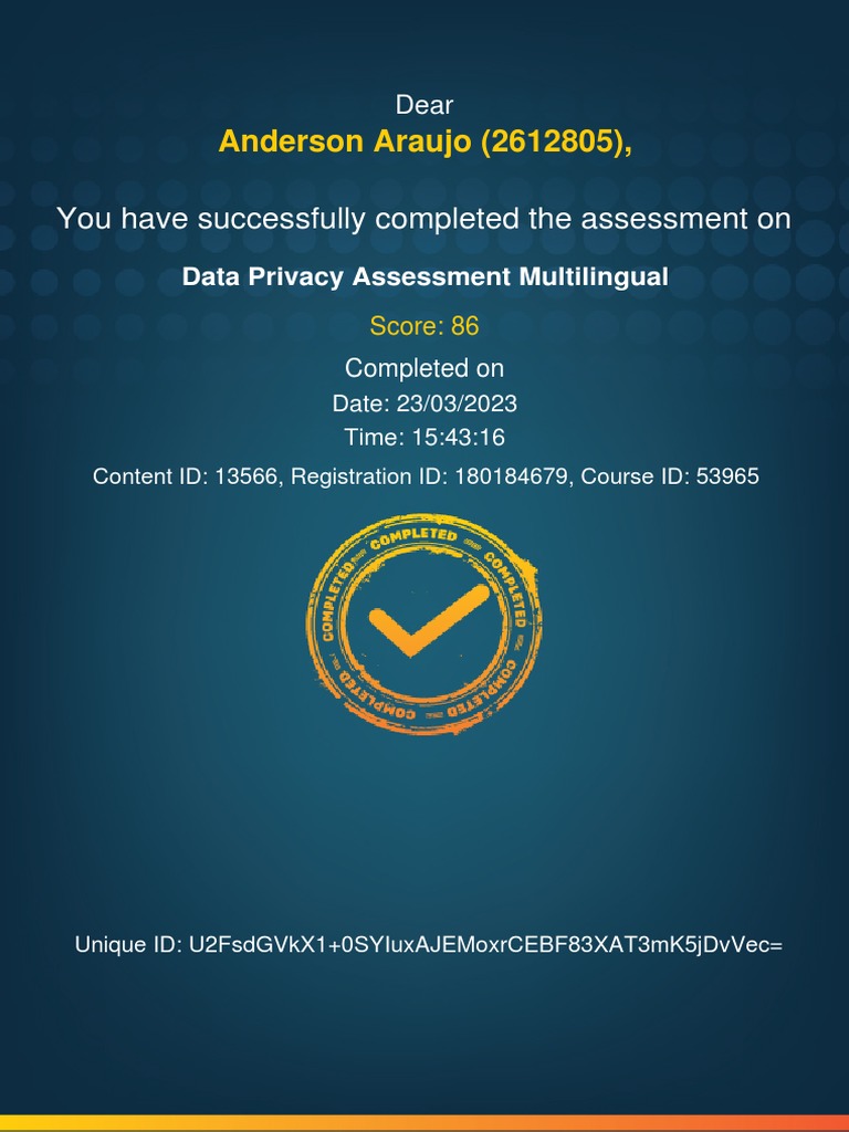 Data Privacy Assessment Multilingual Completion Certificate | PDF
