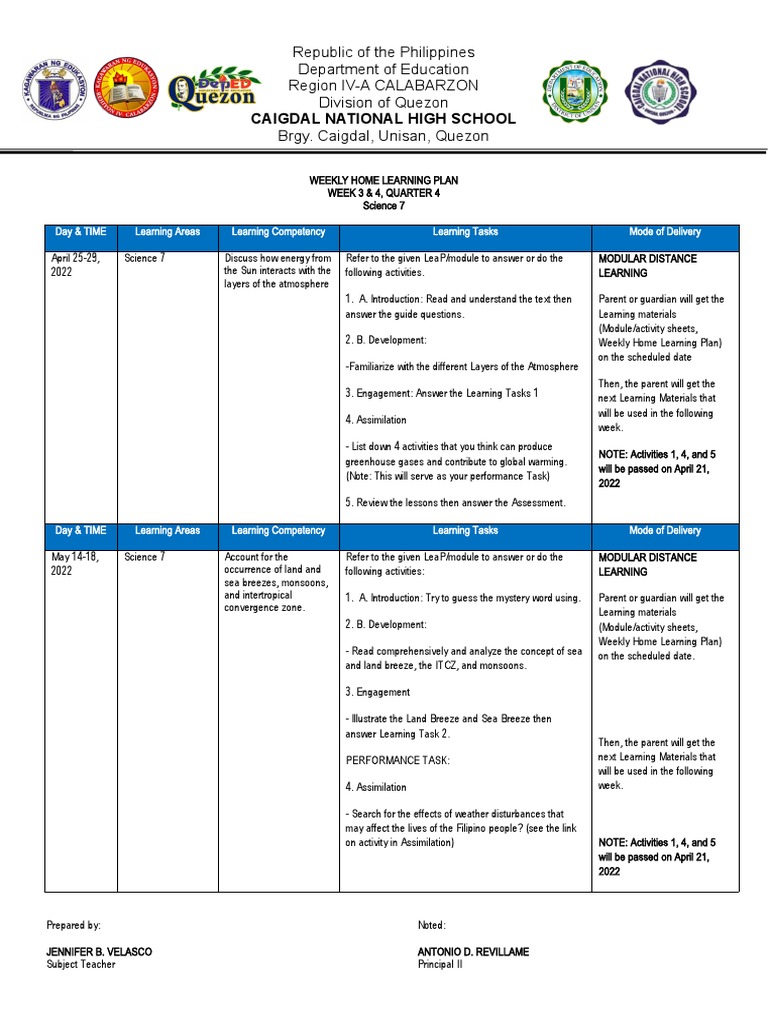 WHLP Week 3-4 Science 7 | PDF | Learning | Atmosphere