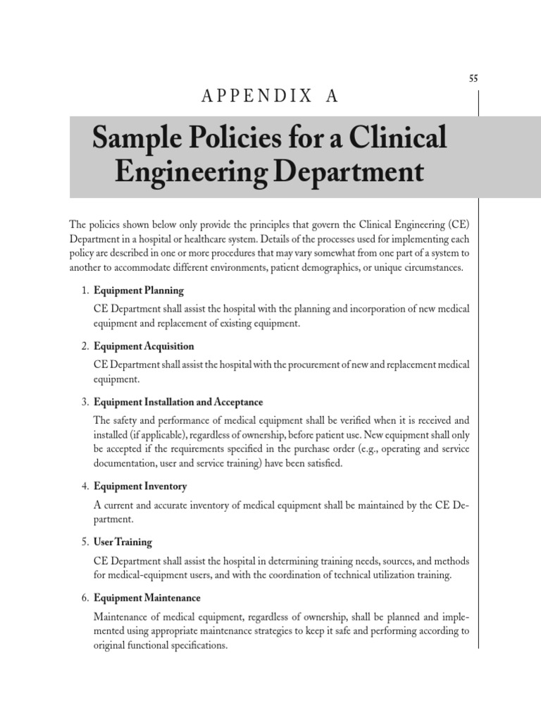 Sample Policies For A Clinical Engineering Department: Appendixa | PDF ...