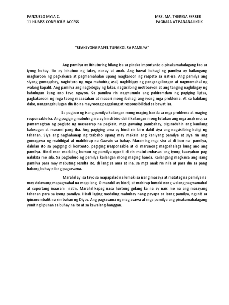 Reaksyong Papel Tungkol Sa Pamilya | PDF Reaksyong Papel Tungkol Sa Pamilya | PDF
