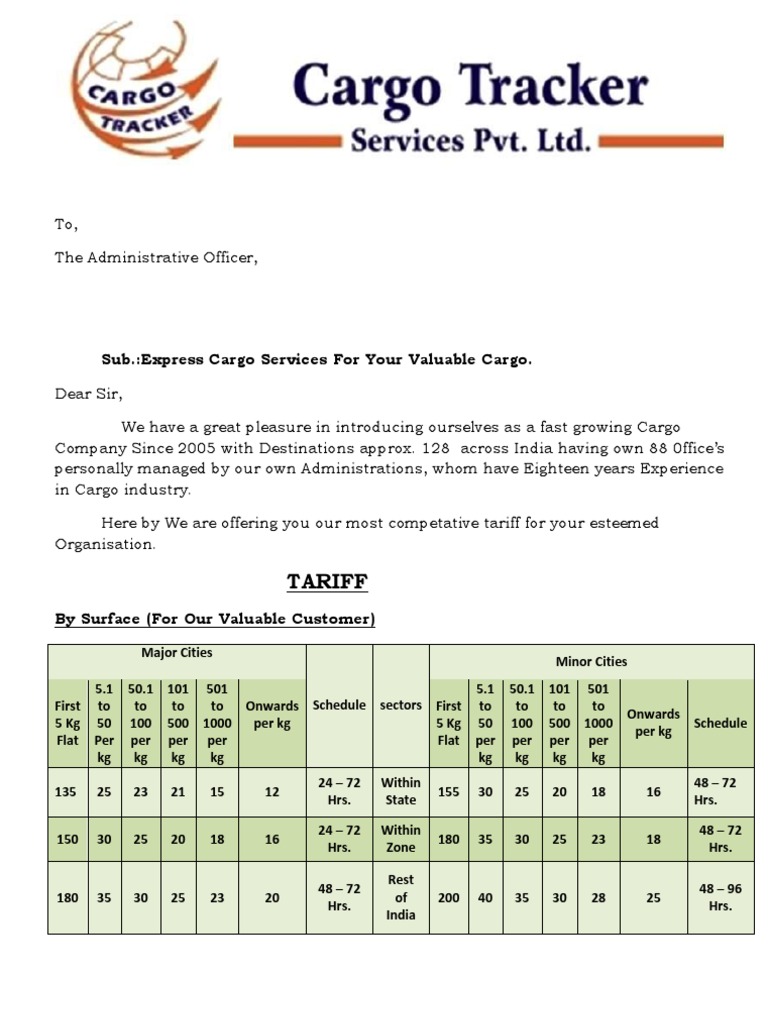 Competitive Cargo Services Tariff | PDF