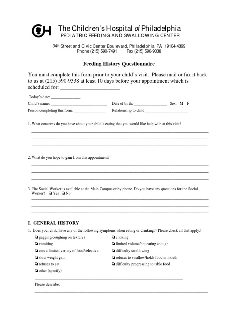 Feeding History Questionnaire for Parents | PDF | Medicine | Clinical ...
