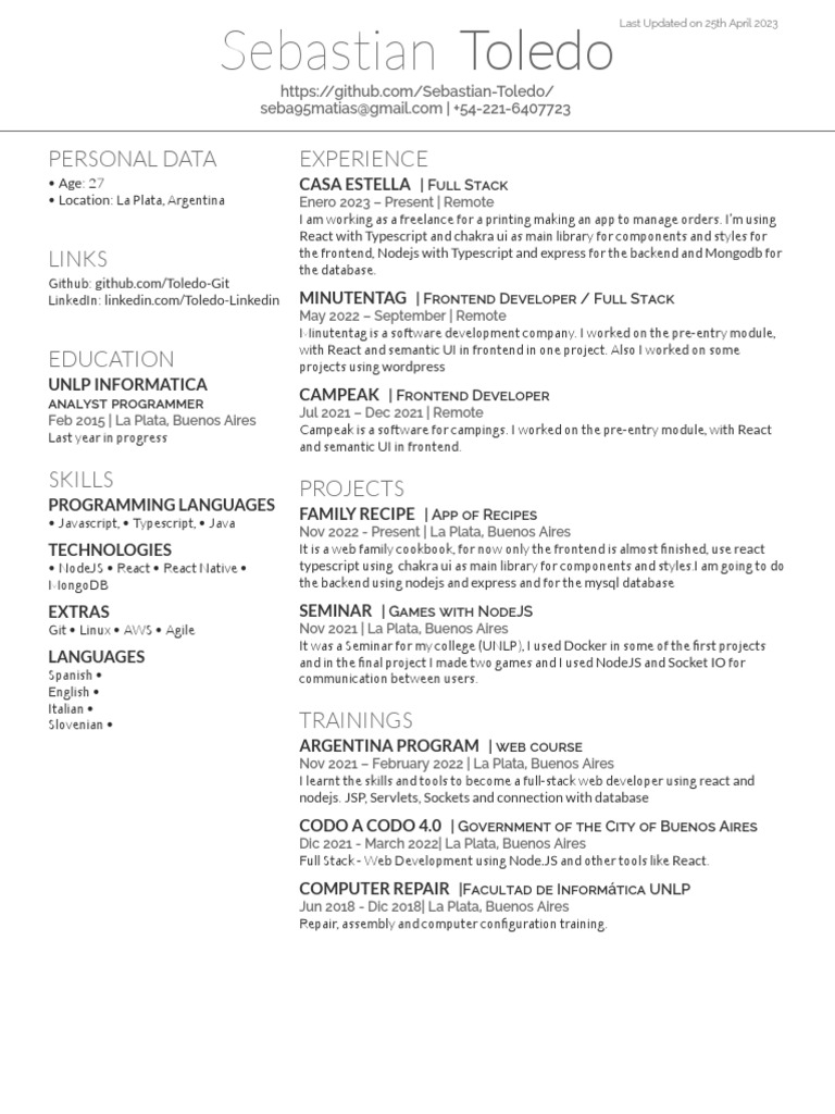 Sebastian Toledo CV | PDF | Computers