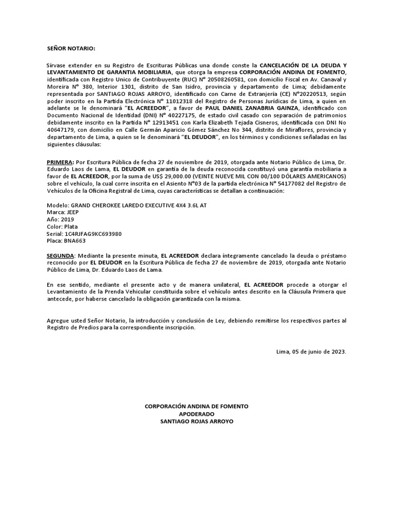 Minuta Levantamiento Garantia Mobiliaria - Paul Zanabria | PDF | Lima Minuta Levantamiento Garantia Mobiliaria - Paul Zanabria | PDF | Lima