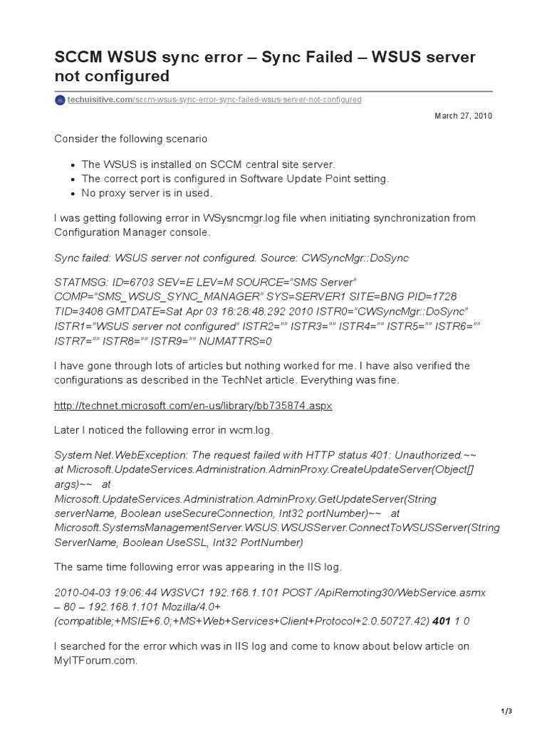 SCCM WSUS Sync Error Sync Failed WSUS Server Not Configured | PDF | Internet Information ...