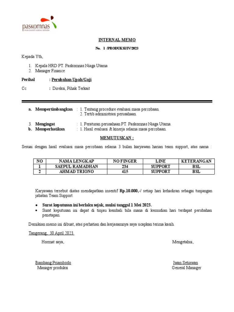 memo insentif support | PDF