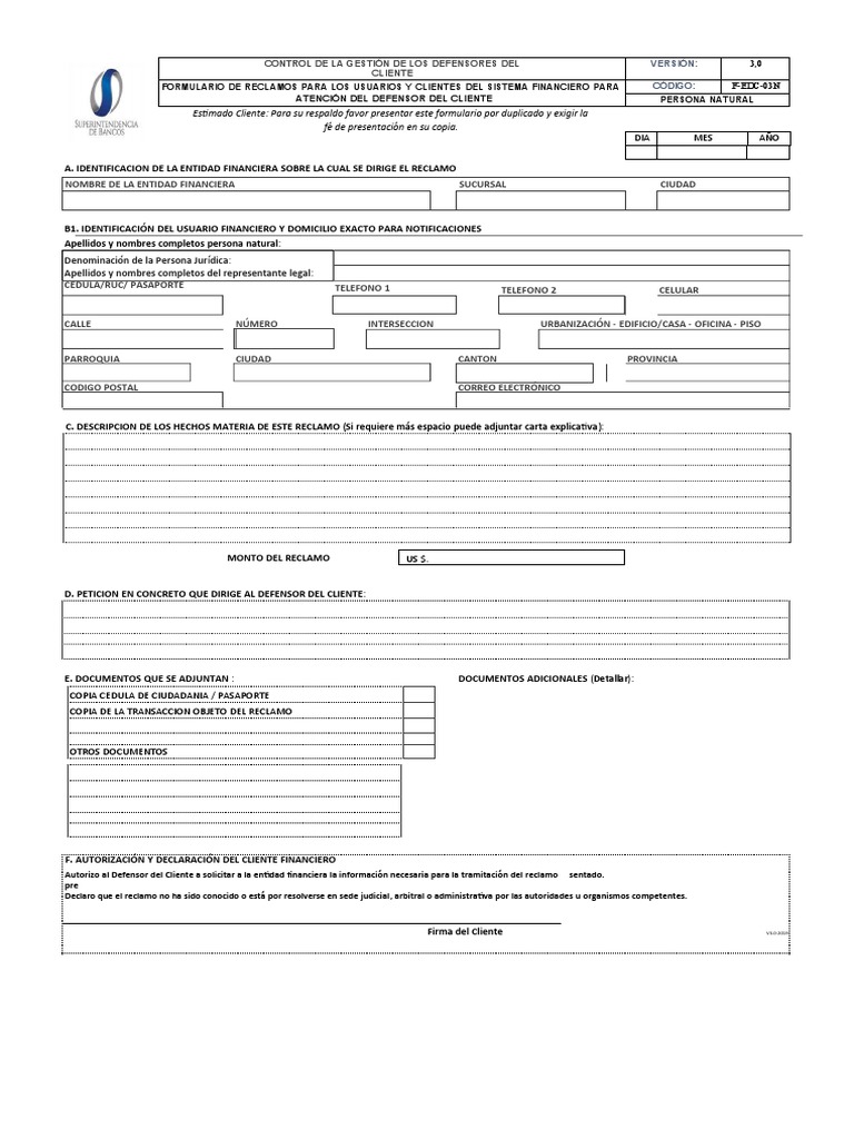 Formulario Reclamos Defensor Del Cliente 2019 v4 | PDF