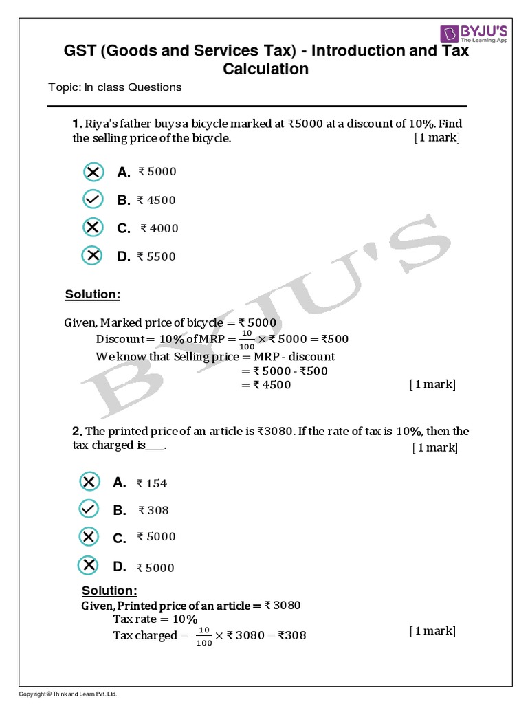 GST (Goods and Services Tax) - Introduction and Tax Calculation - in Class | PDF | Value Added ...