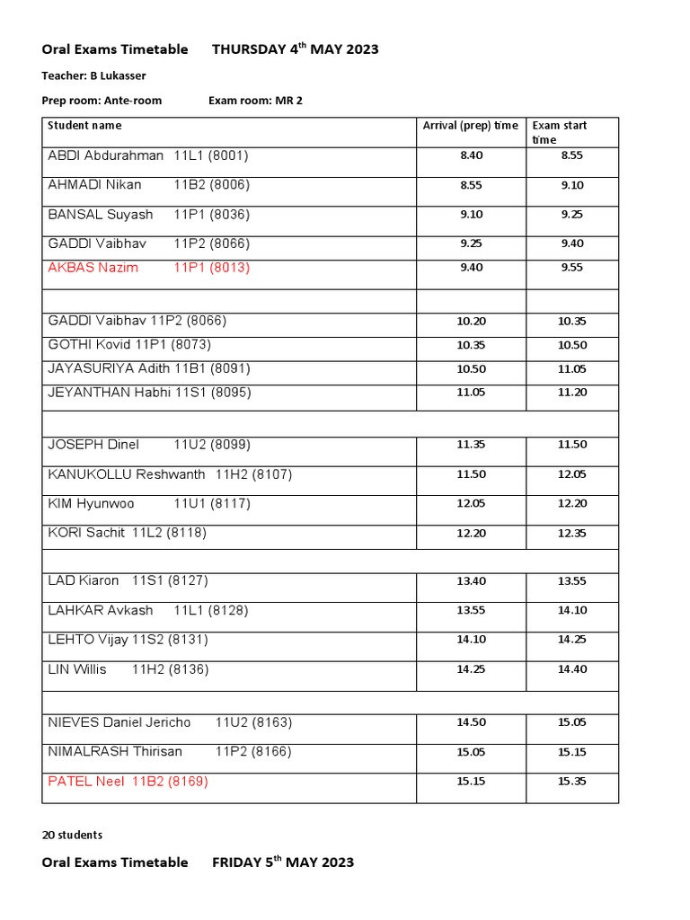BL Timetable 4 and 5 TH May - 20 and 7 Students | PDF