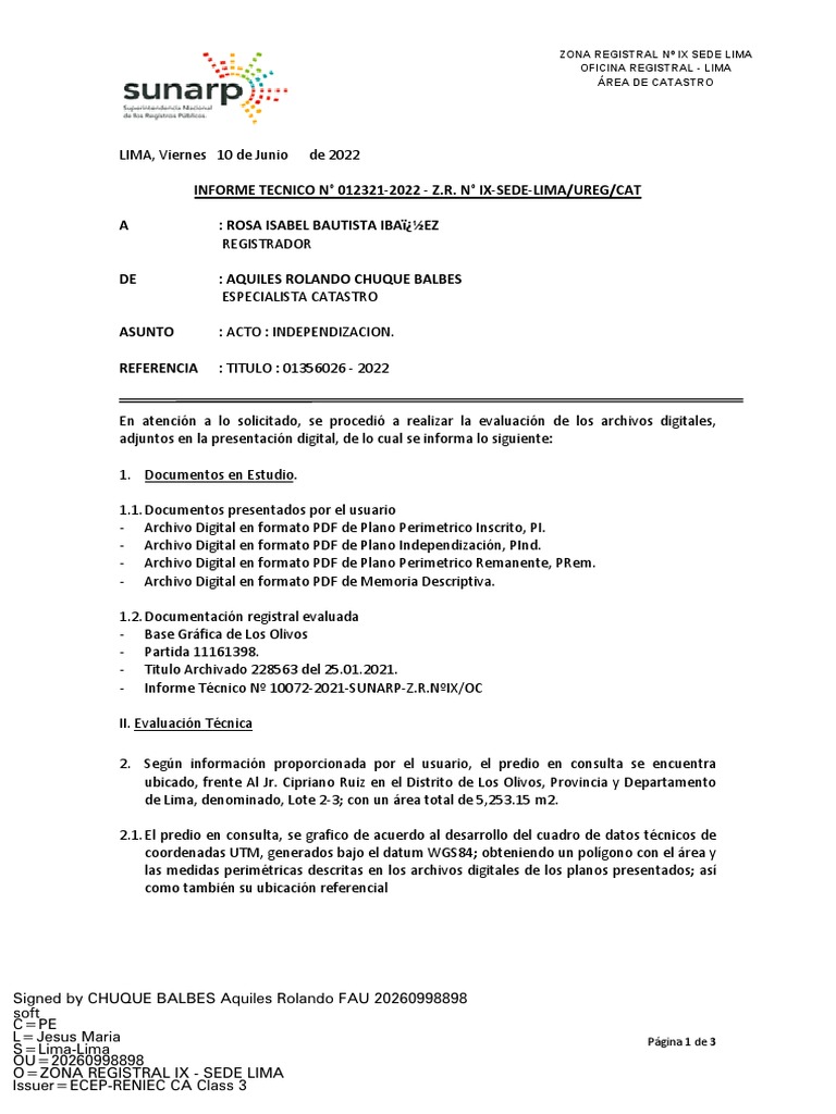INFORME TECNICO N 012321-2022-SUNARP Evaluacion Catastral | PDF | Cartografía | Datos ...