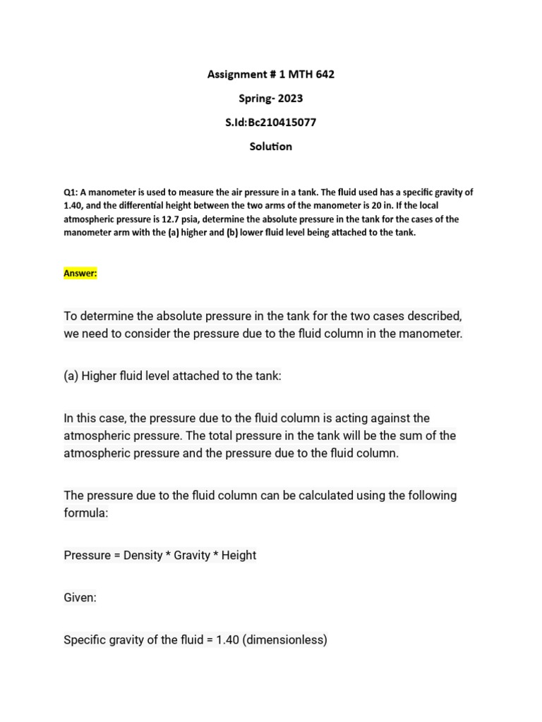 MTH642 (Assignment 1 SOLUTION SPRING 2023 | PDF | Pressure | Pressure Measurement