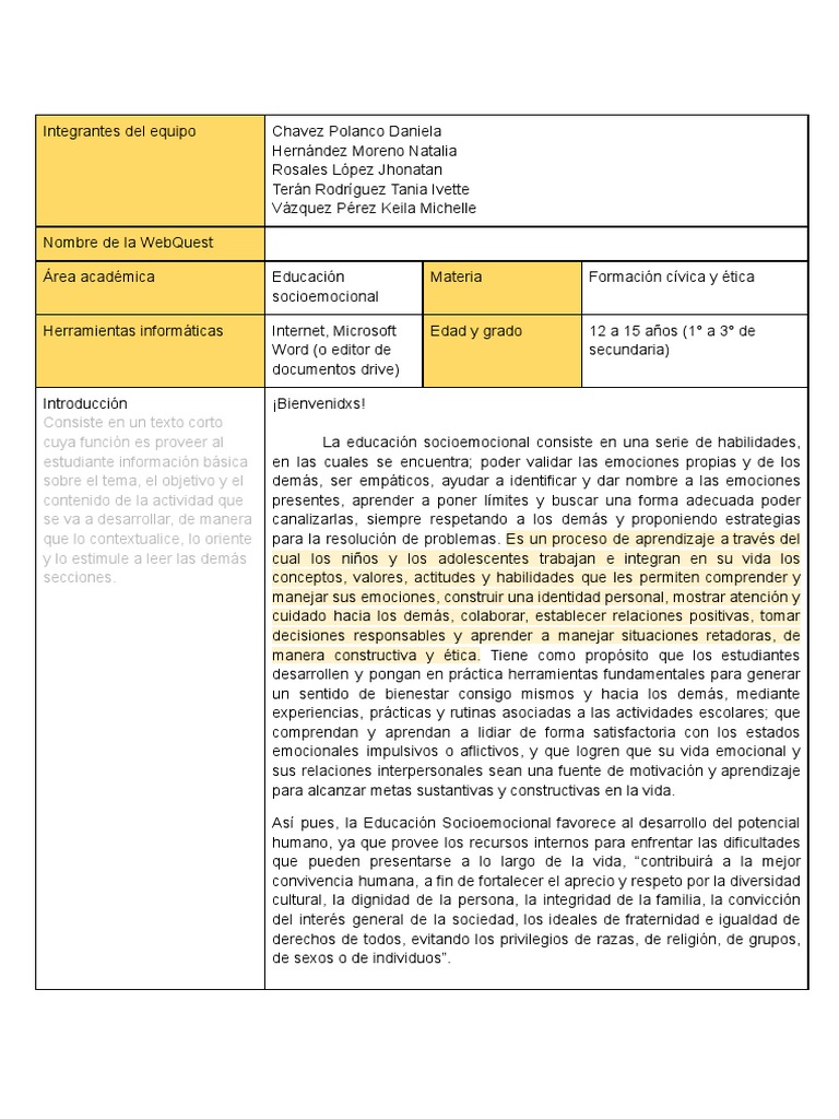 Plantilla Mini WebQuest | PDF | Las emociones | Aprendizaje