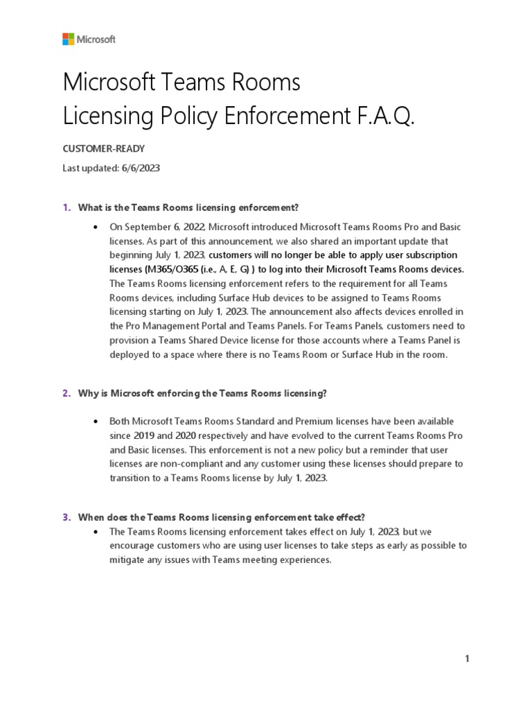 Microsoft Teams Rooms Licensing Enforcement FAQ Customer Ready | PDF | Microsoft | You Tube