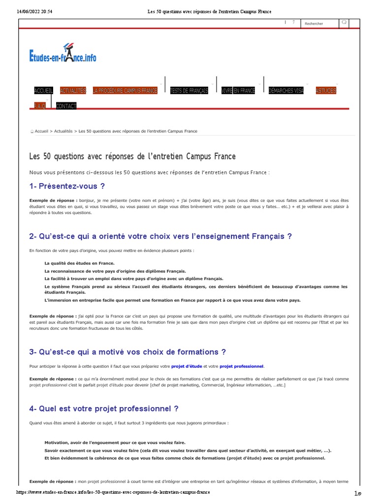 50 Questions et Réponses Entretien Campus France | PDF | Master ...