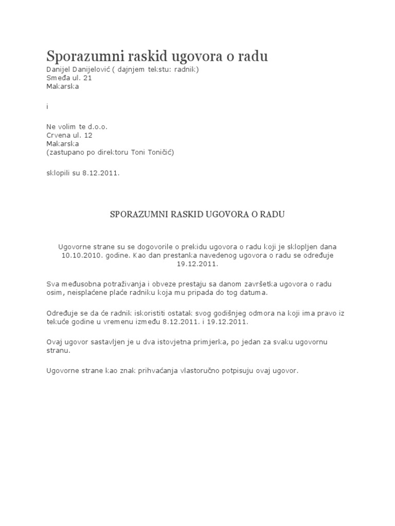 Sporazumni Raskid Ugovora o Radu | PDF