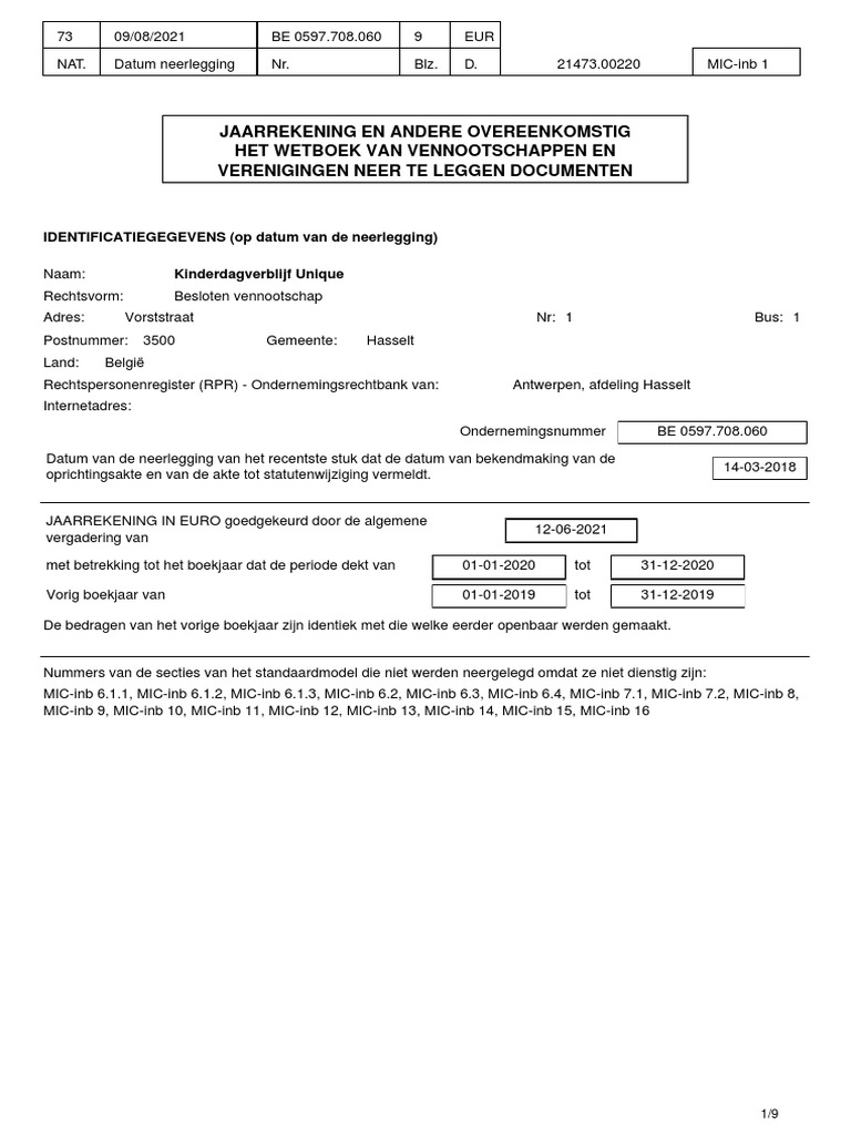 Jaarrekening en Andere Overeenkomstig Het Wetboek Van Vennootschappen ...