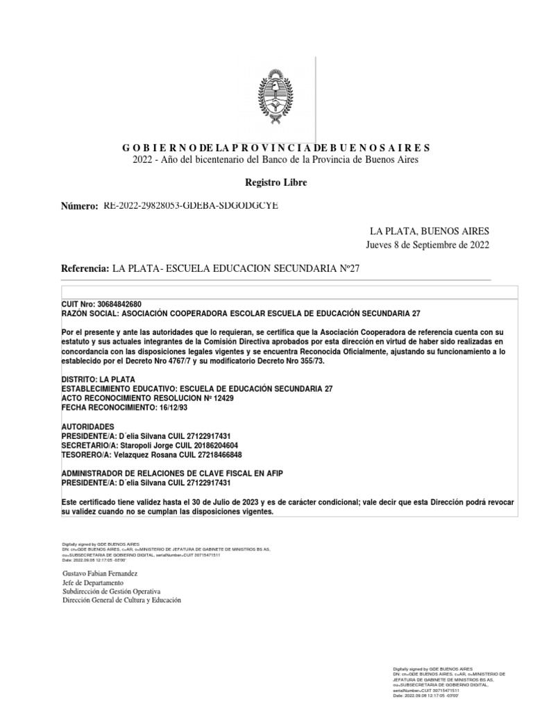 Certificación Cooperadora Escolar EES 27 | PDF | Gobierno