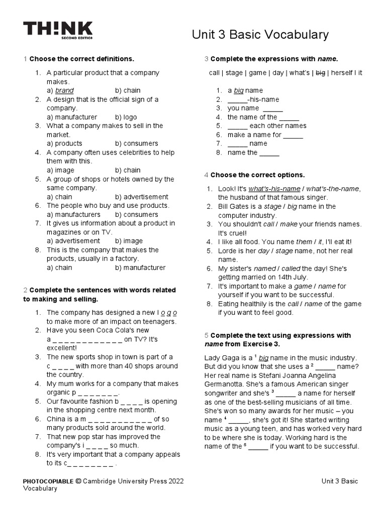 Thk2e BrE L3 Vocabulary Basic Unit 3 | PDF | Brand | Product (Business)
