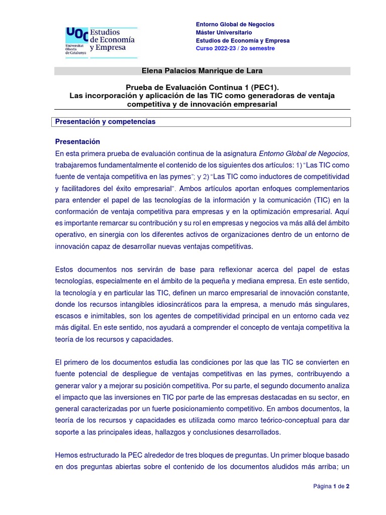 PEC1 EGN 2S 2022 23 Enunciado | PDF | Tecnología de información y comunicaciones | Cadena de valor