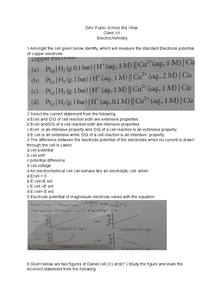 Assignment Electrochemistry Class 12 | PDF | Electrochemistry | Electrode