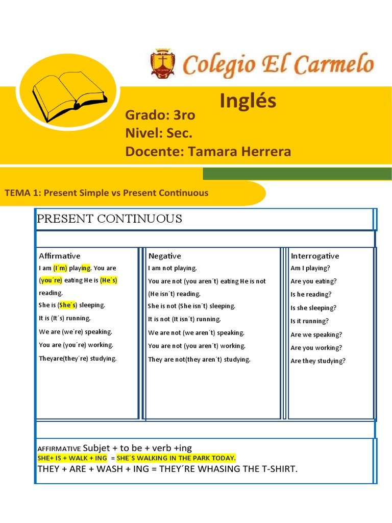 3ro Sec Inglés Tema 1 Bim 1 Present Simp Continuos | PDF | Morphology | Semantics