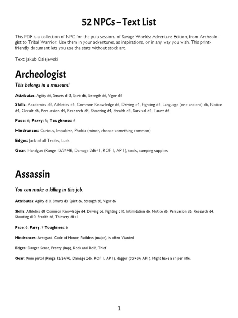 Pulp NPCs Printable | PDF | Games & Activities