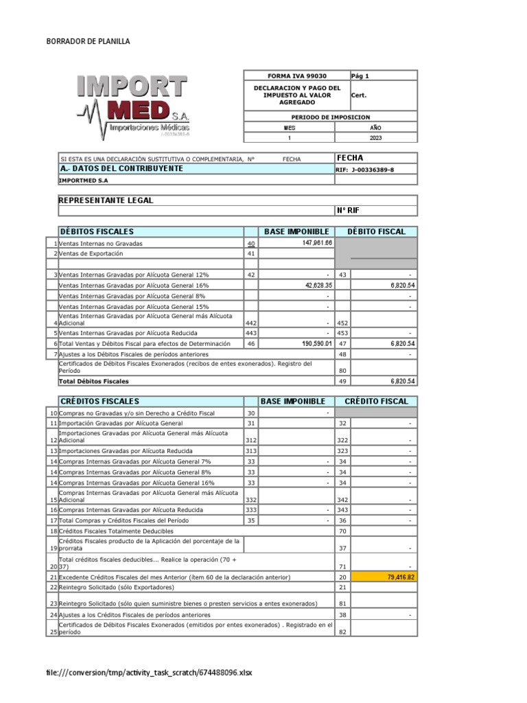 Imp-Calculos Declaracion Iva 1ra Qna Ene 2023 | PDF | Impuestos | Impuesto al valor agregado