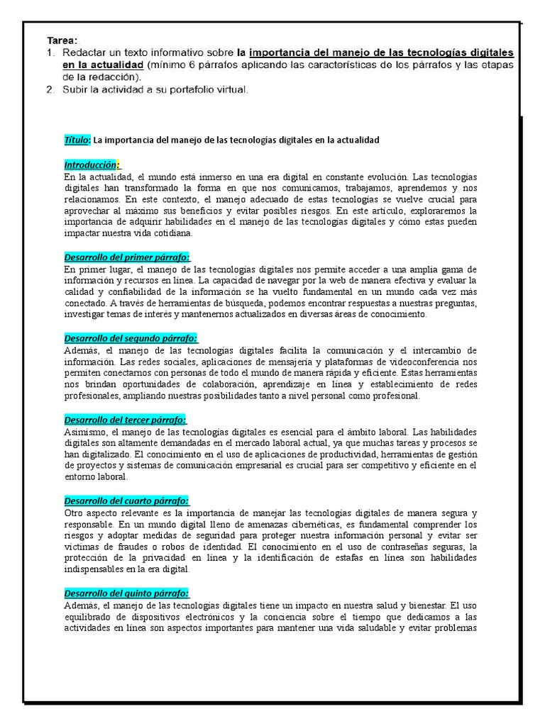 Texto Informativo Sobre La Importancia Del Manejo de Las Tecnologías ...