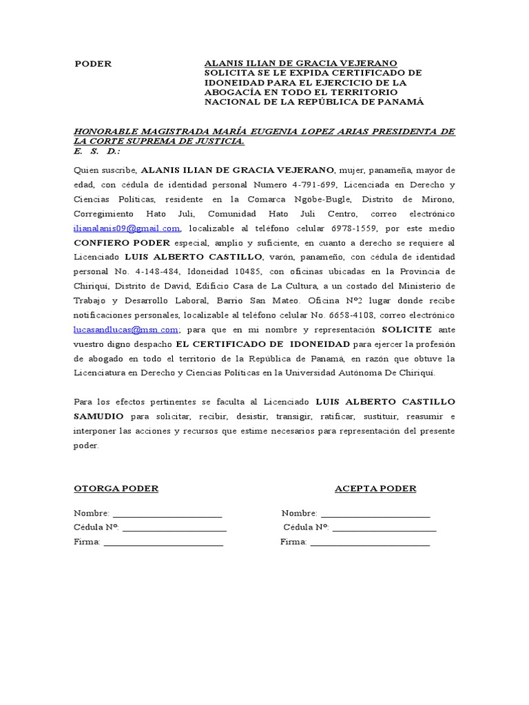 Poder y Solicitud de Idoneidad-1 | PDF | Panamá | Justicia