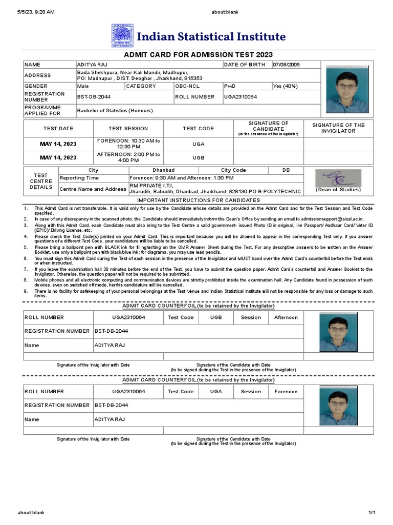 ISI Admit Card | PDF