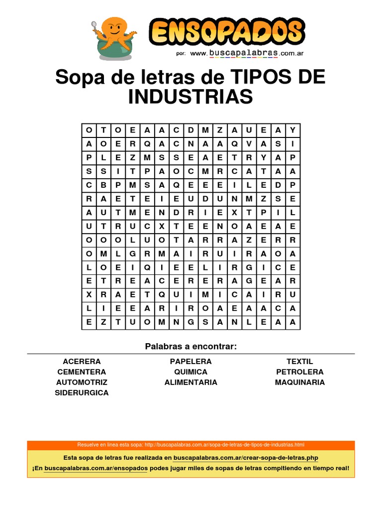 Sopa de Letras de Tipos de Industrias | PDF