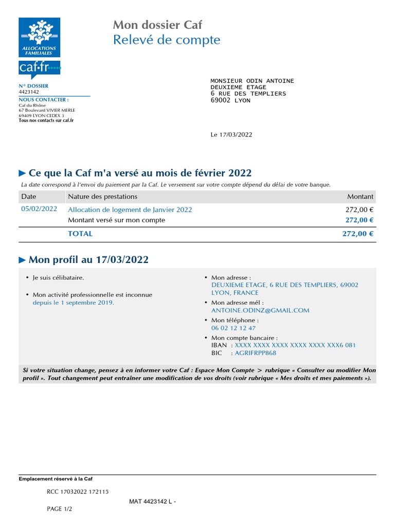 CAF - Relevé de Compte - ODIN Antoine | PDF | Banques | Argent