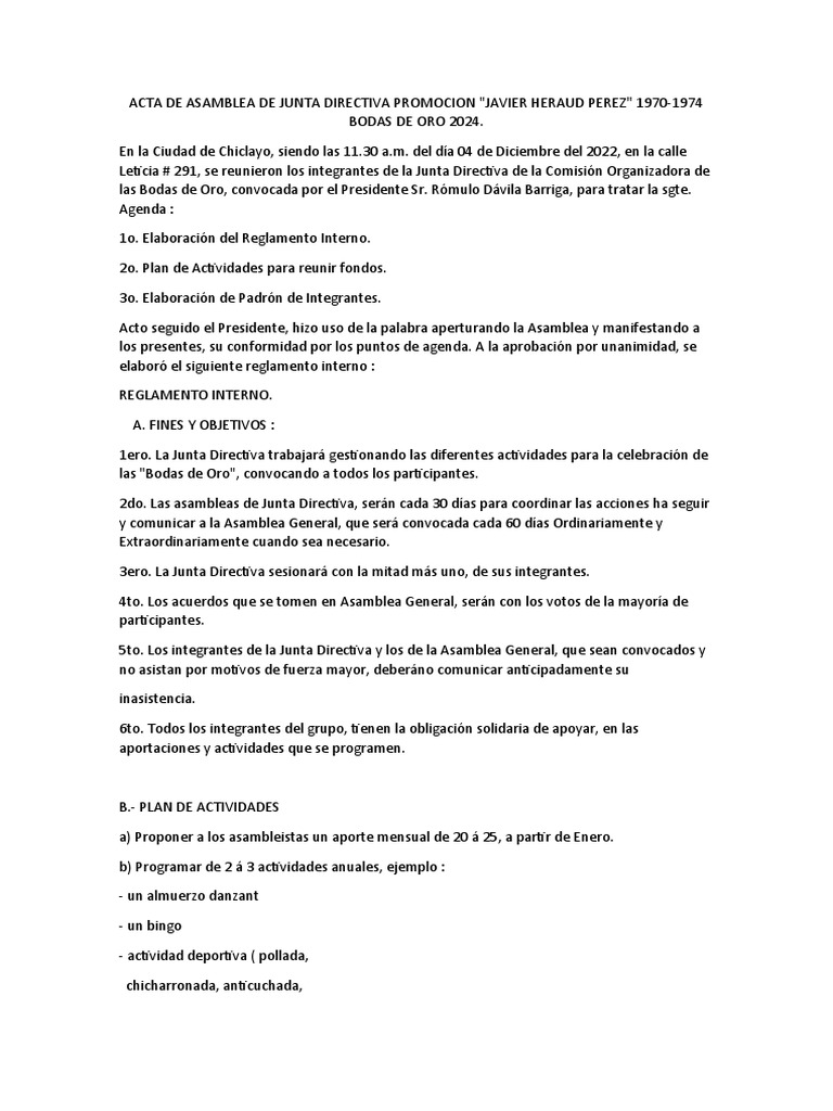 Acta Junta Directiva Bodas de Oro 2024 | PDF | Hogar, jardinería y ...