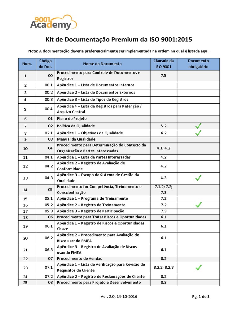 Lista de Documentos Do Kit de Documentacao Premium Da ISO 9001 PT BR ...