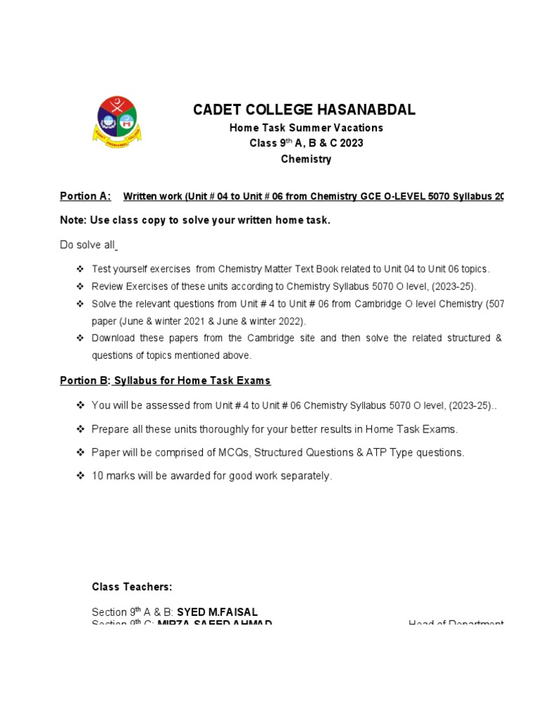 Chemistry 9ABC Summer Task Home Work 2023 | PDF