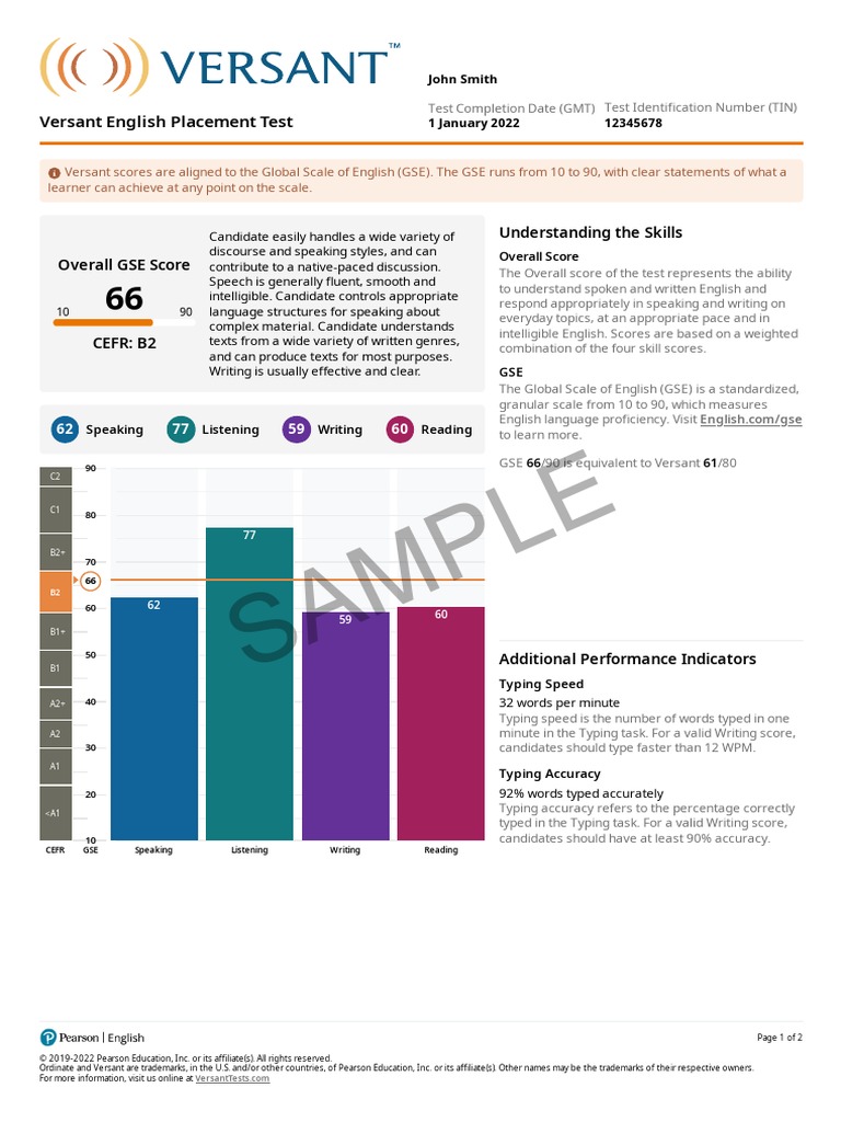 Sample Score Report Versant Placement Test | Download Free PDF ...