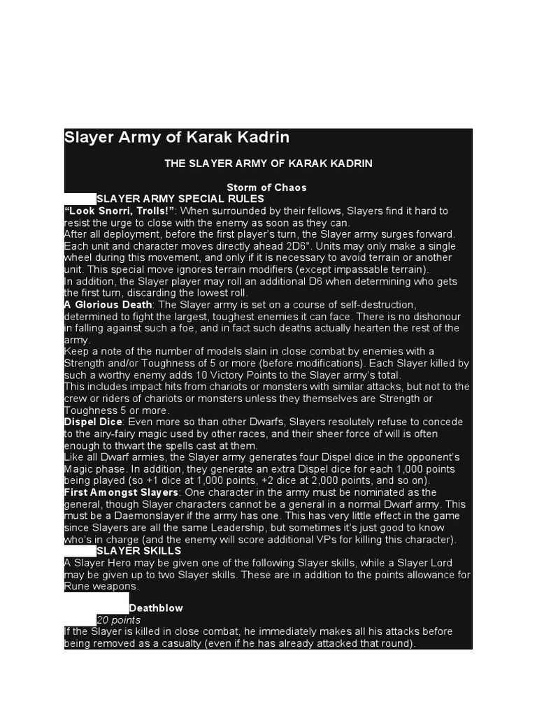 Slayer Army Rules for Warhammer 6th Edition | PDF