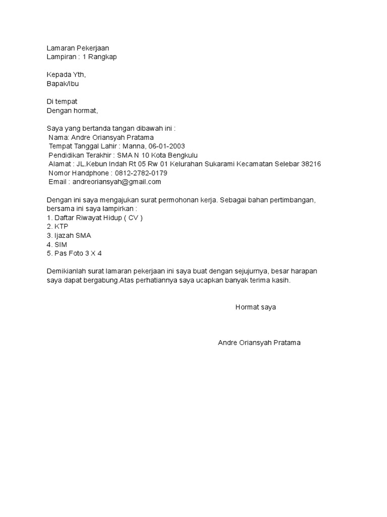 Cval _ Lamaran Pekerjaan Lampiran _ 1 Rangkap Kepada Yth, Bapak_Ibu HRD Personalia Di Tempat ...