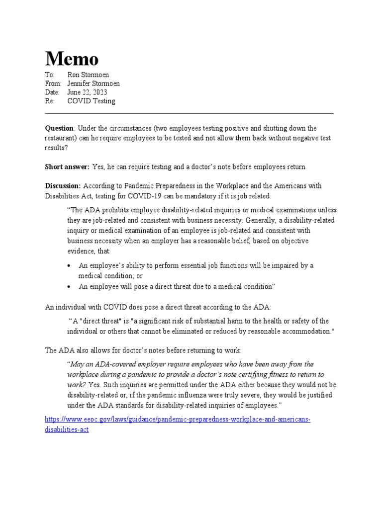 COVID Testing Memo | PDF | Finance & Money Management