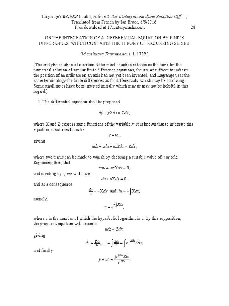 N The Integration Of A Differential Equation By Finite Differences